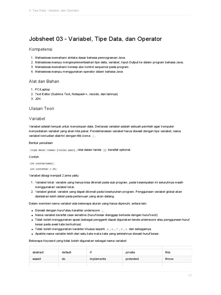 Panduan Tipe Data dan Variabel Java | PDF