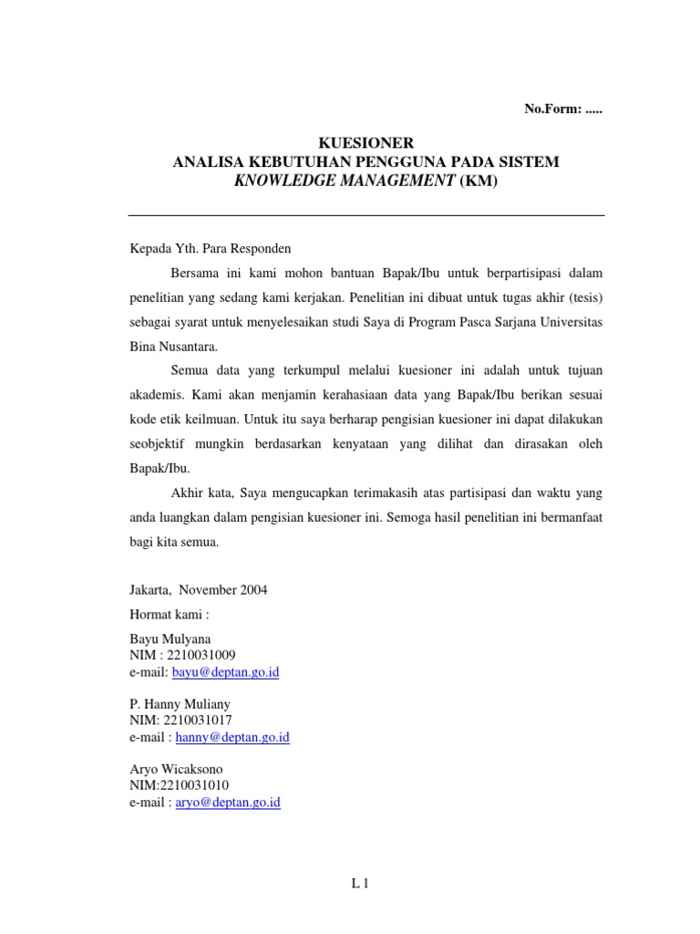 Kuesioner Analisa Kebutuhan Pengguna Pada Sistem Knowledge Management (KM) | PDF