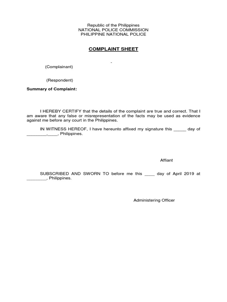 Complaint Sheet in Admin Case - Sample | PDF