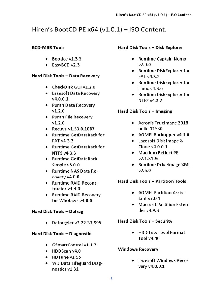 Hiren's BootCD PE x64 Tools Overview | PDF | Hard Disk Drive | Ibm Pc ...