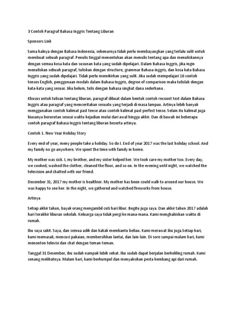 3 Contoh Paragraf Bahasa Inggris Tentang Liburan | PDF