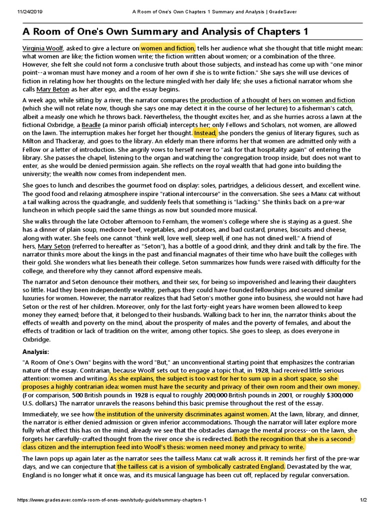 A Room of One's Own Summary and Analysis | PDF | A Room Of One's Own ...