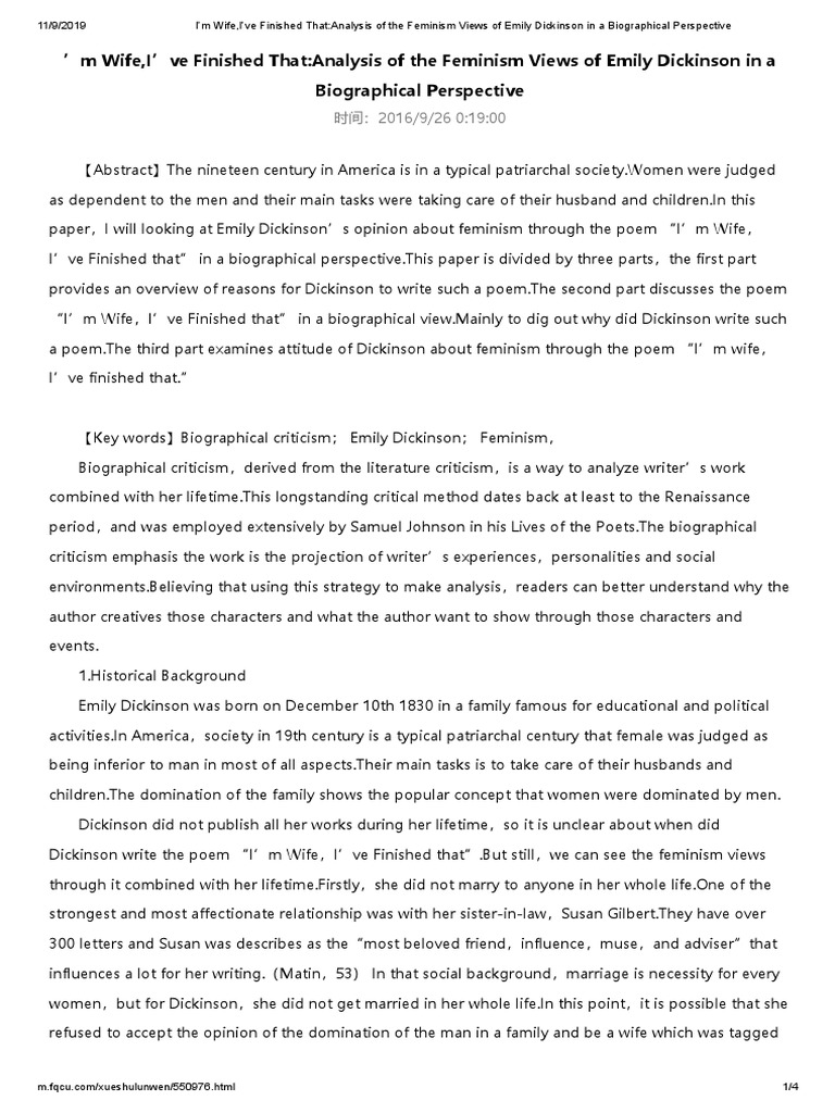 Dickinson's Feminism in "I'm Wife" Analysis | PDF | Emily Dickinson ...