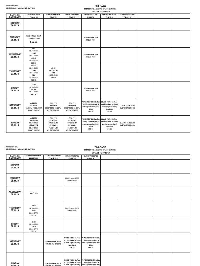 Click Here For Time Table of Fiitjee Sec-16, Noida | PDF