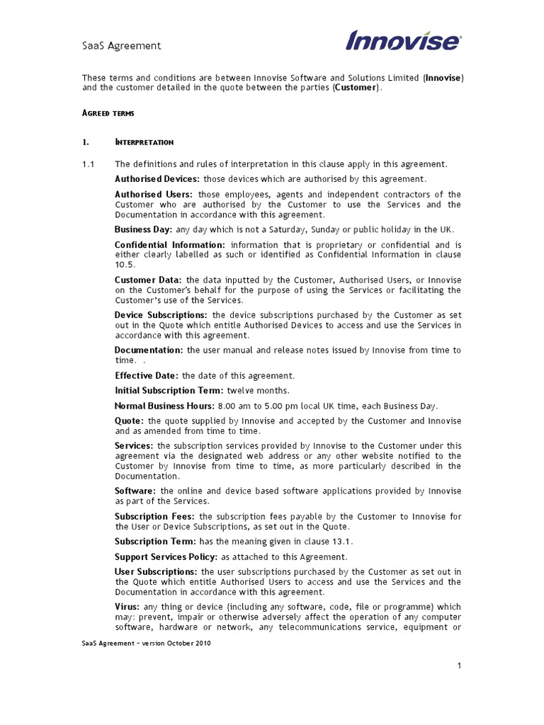 Innovise Saas Agreement - FINAL | PDF | Tort | Indemnity