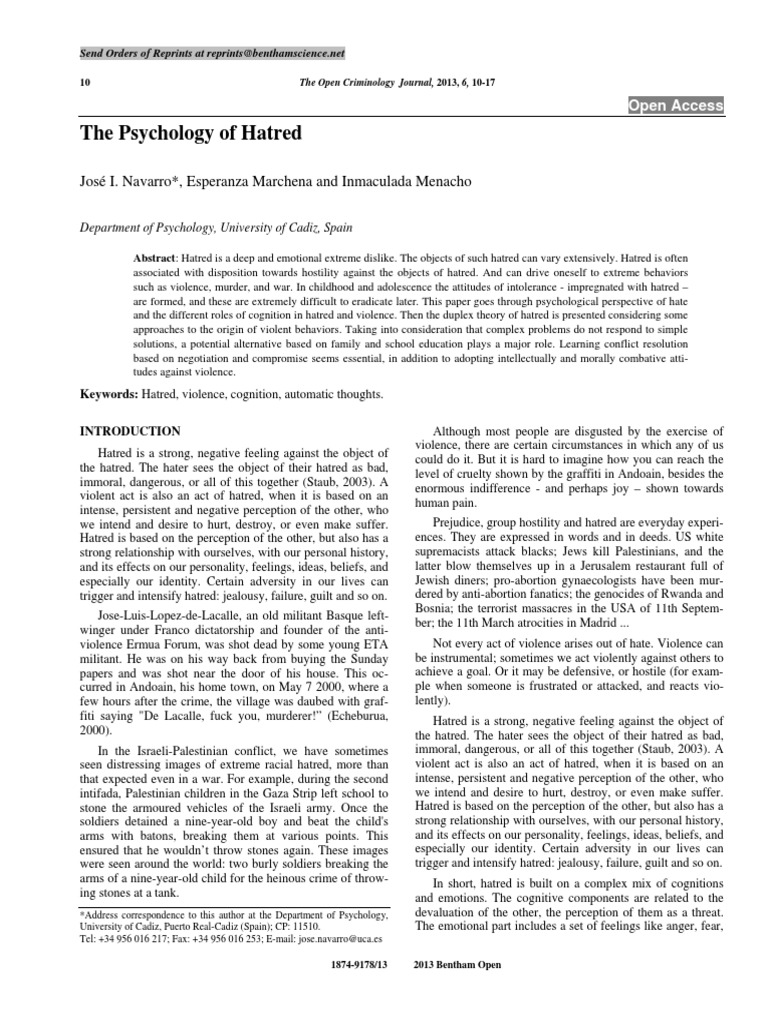 The Psychology of Hatred PDF | Download Free PDF | Hatred | Emotions