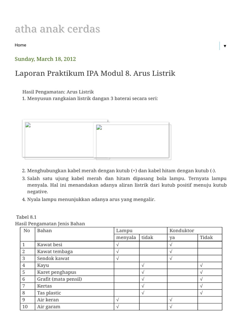 Atha Anak Cerdas Laporan Praktikum IPA Modul 8. Arus Listrik PDF | PDF