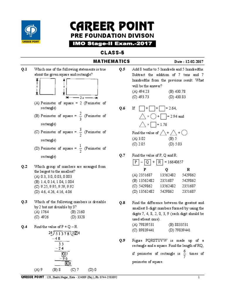 IMO-Class-5 Stage-2 - 2017 | PDF | Geometry | Teaching Mathematics