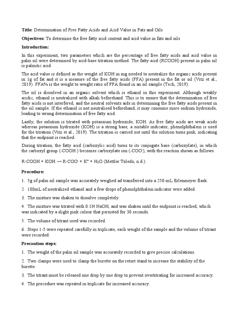 FFA and Acid Value in Oil | PDF | Titration | Chemistry