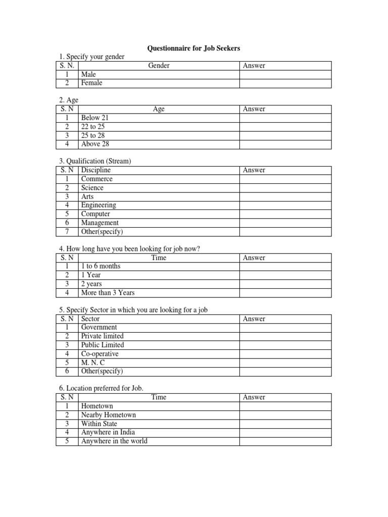 Questionnaire For Job Seekers | PDF | Web Search Engine | Employment