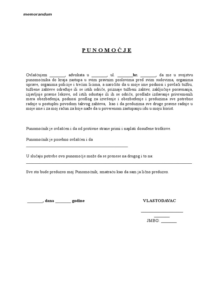 Opšte Punomocje Fizicko Lice - SCRBD | PDF