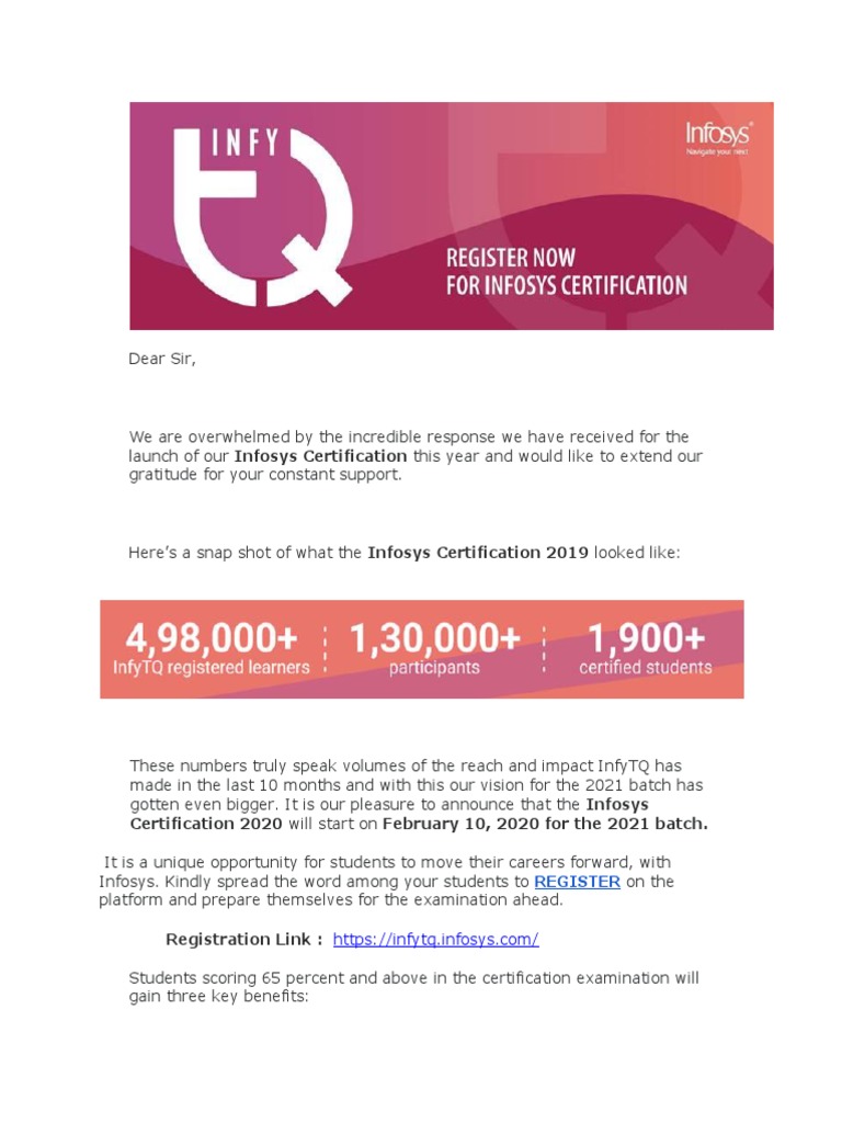 Registration For Infosys Certification | PDF | Learning | Computing