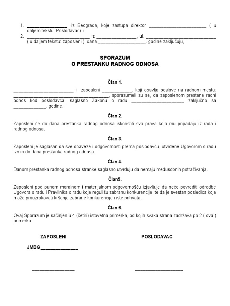 Sporazum o Prestanku Radnog Odnosa | PDF