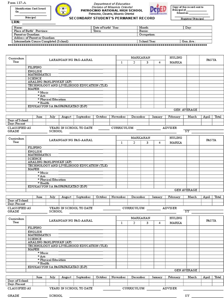 Form 137 Blank | PDF | Learning | Behavior Modification