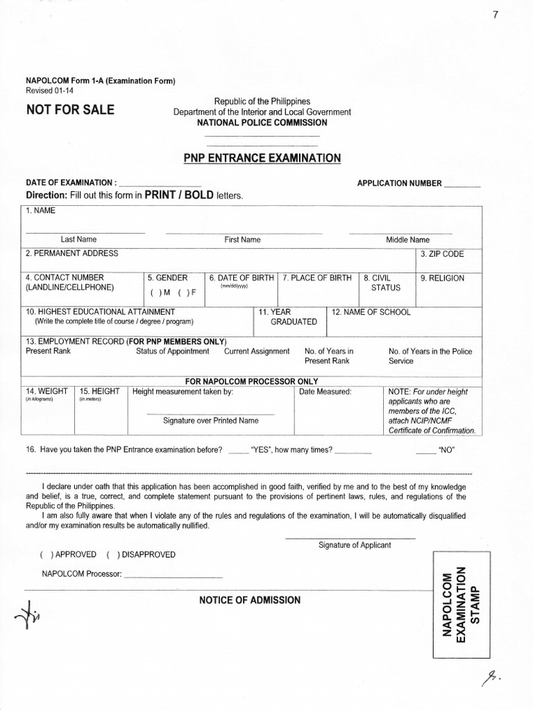 Napolcom PNP Entrance Exam Application Form 1 PDF | PDF