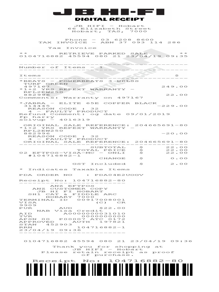 JB Hi-Fi Hobart Tax Invoice | PDF