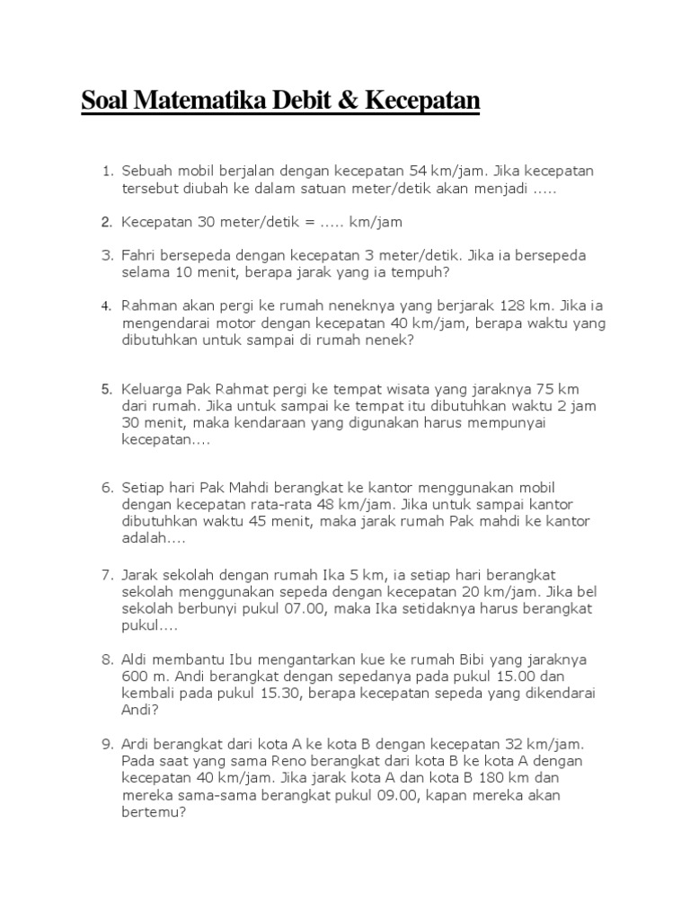 Soal Matematika Debit Dan Kecepatan | PDF
