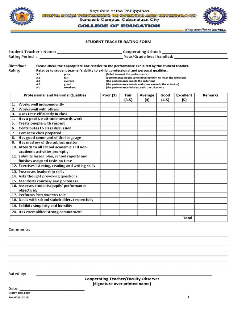 Neust Edu f007 Ratingform | PDF | Lesson Plan | Teachers