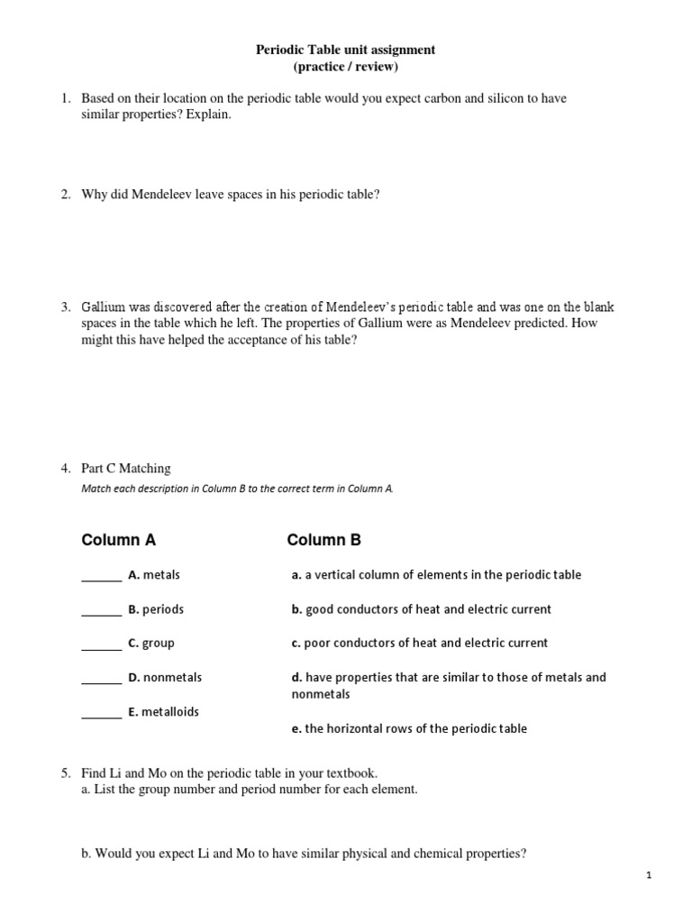 Periodic Table Worksheet | PDF | Periodic Table | Ion