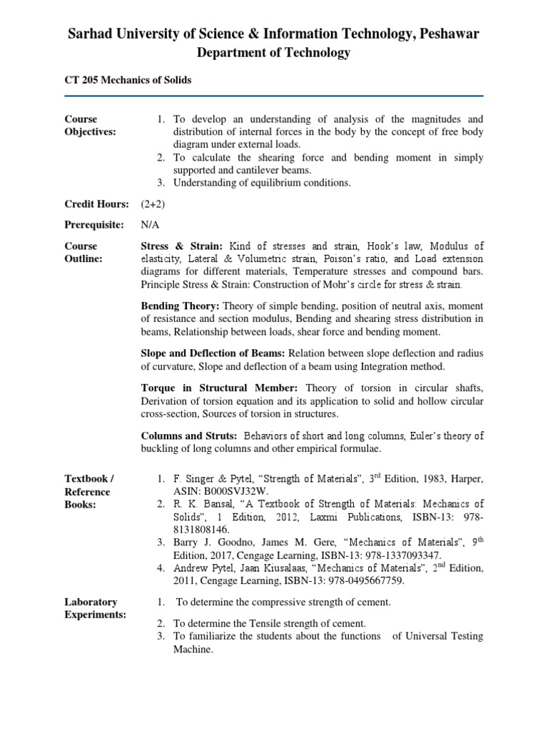 Mechanics of Solids CT 205 | PDF | Bending | Stress (Mechanics)