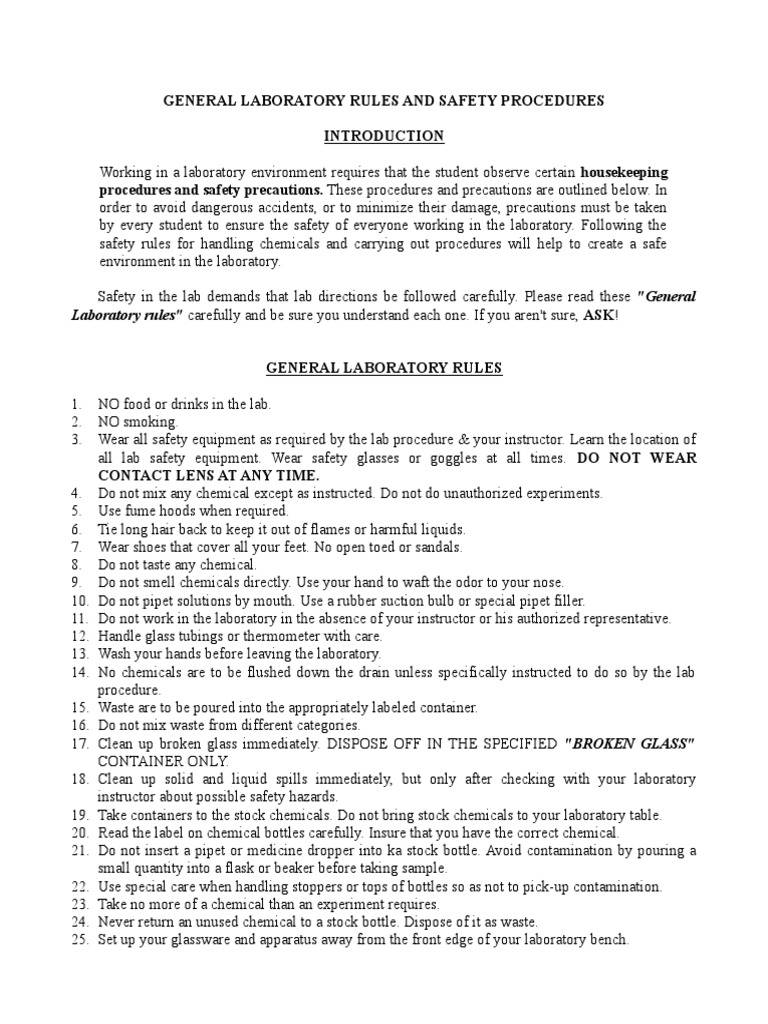 General Laboratory Rules And Safety Procedures Pdf Laboratories Waste