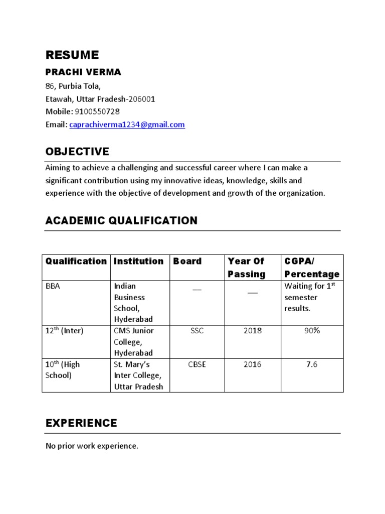Resume of Prachi Verma - BBA Graduate | PDF