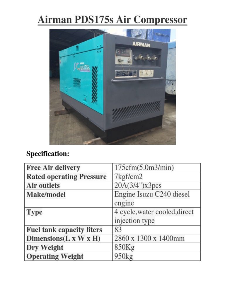 Airman PDS175s Compressor Specs | PDF