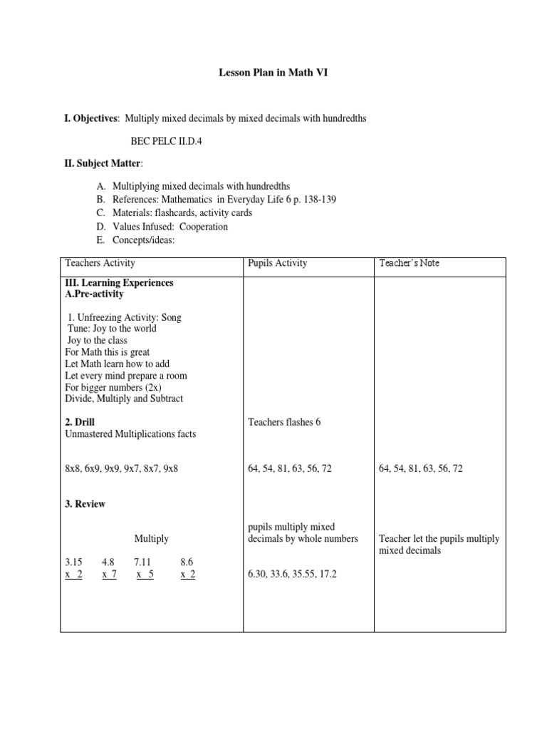 Multiplying Mixed Decimals: A Lesson Plan for Teaching Students How to ...