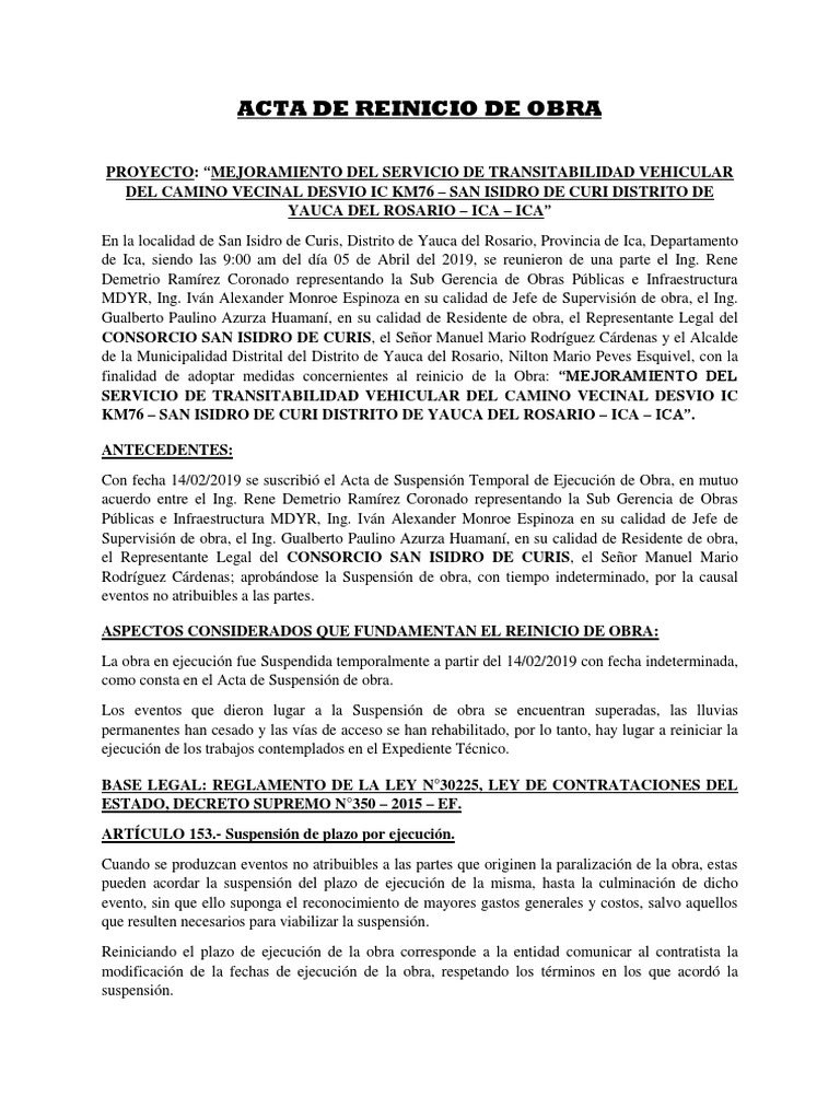 Acta de Reinicio de Obra | PDF | Gobierno