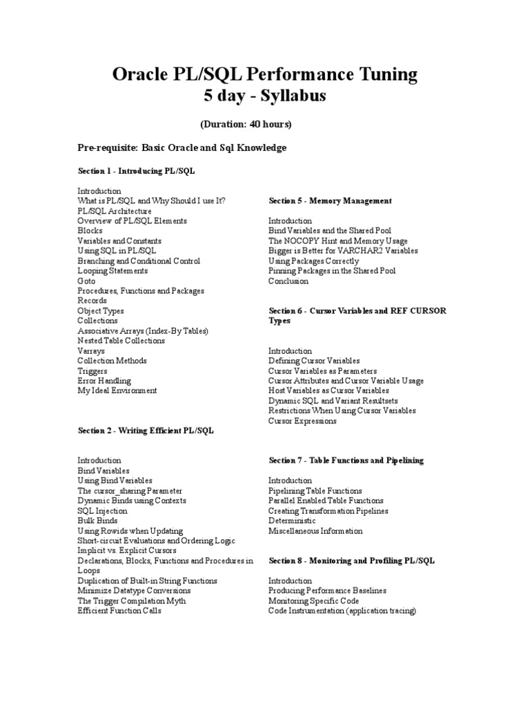 Oracle PLSQL Performance Tuning Syllabus | PDF | Pl/Sql | Data Oracle PLSQL Performance Tuning Syllabus | PDF | Pl/Sql | Data