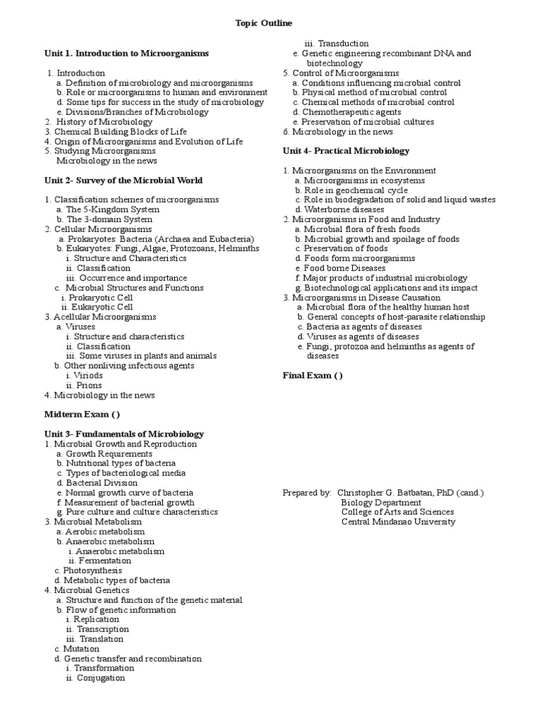 Topic Outline Micro | PDF | Microorganism | Microbiology