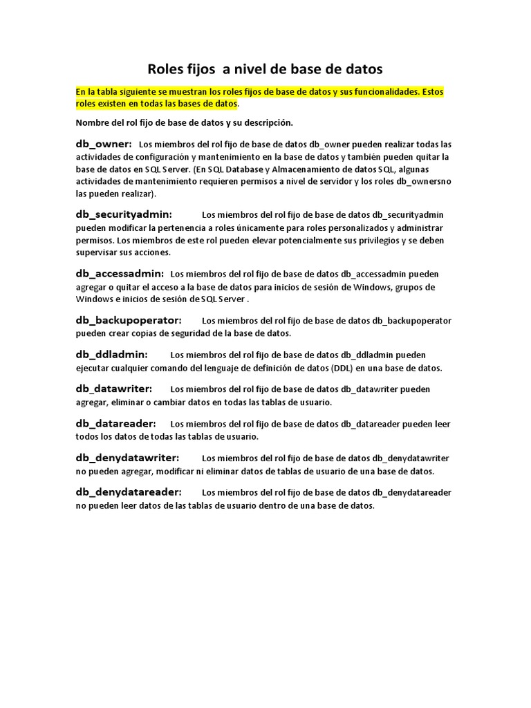 Roles fijos en bases de datos | PDF | Servidor SQL de Microsoft | Bases ...