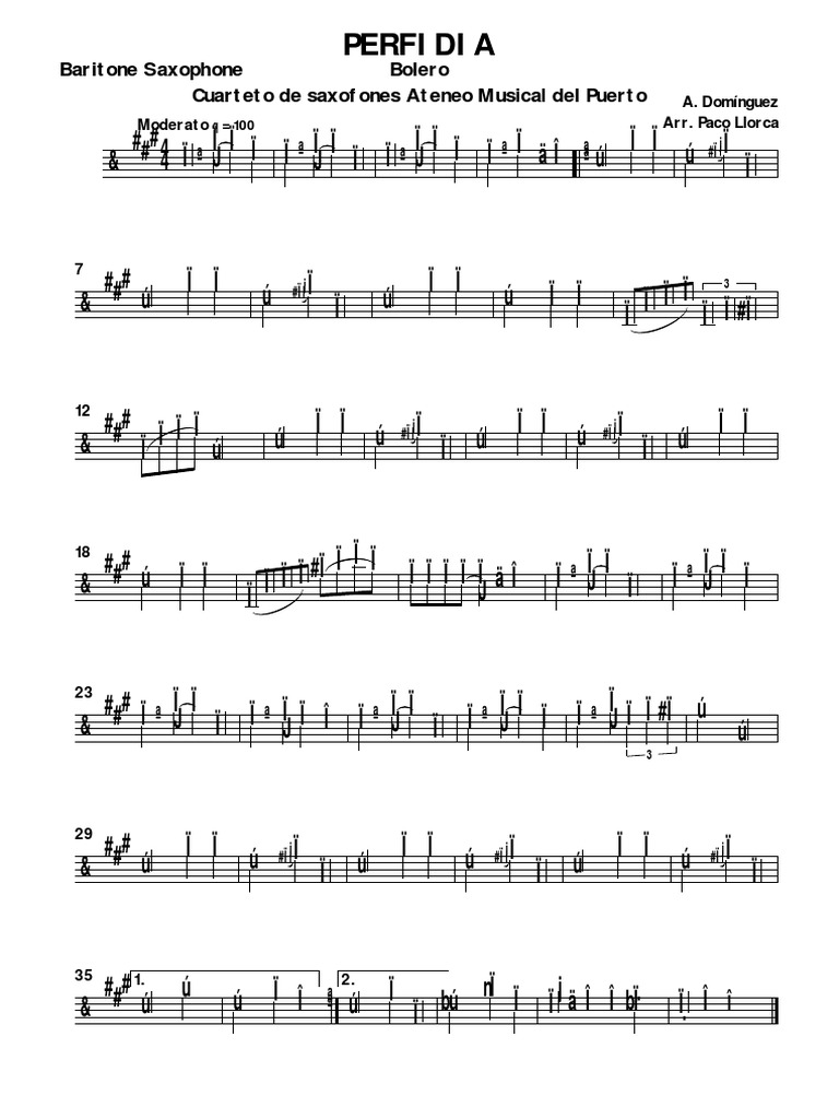 Partitura de Perfidia para Cuarteto de Saxofones | PDF | Saxofón ...