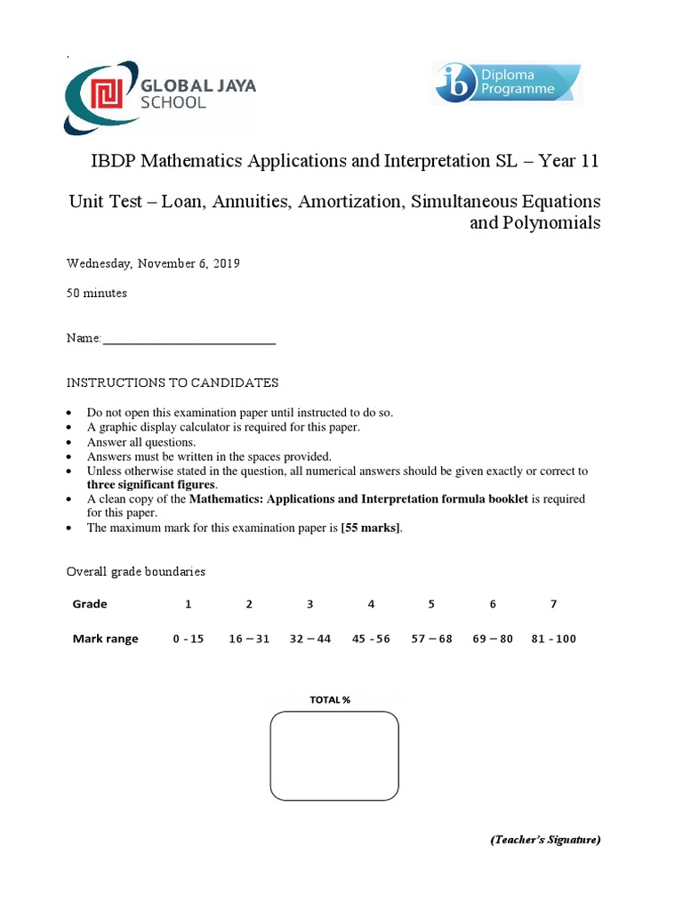 IBDP Math Test: Loans and Equations | PDF | Test (Assessment) | Loans