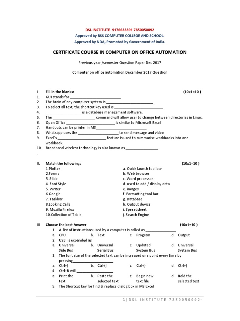 Computer Certificate Course Previous Year Question Paper: Questions ...