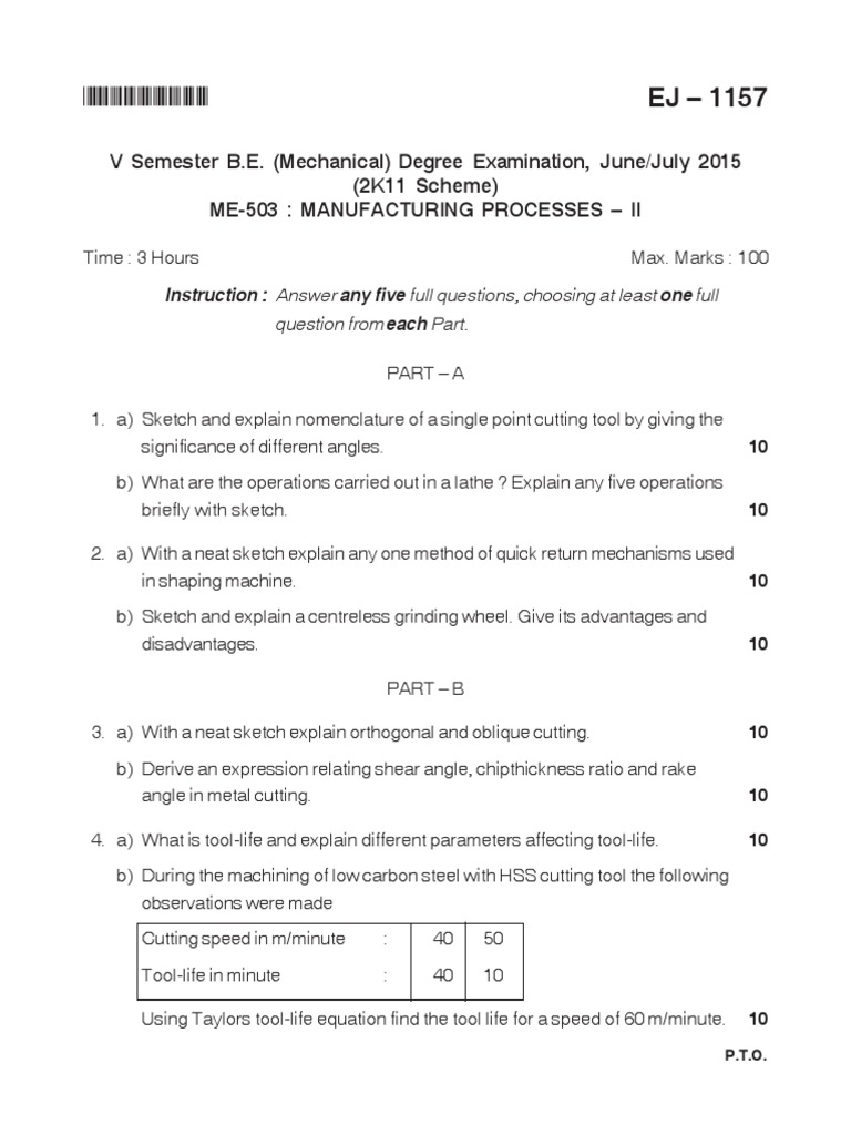 Manufacturing Processes II Exam Paper | PDF | Machining | Building ...