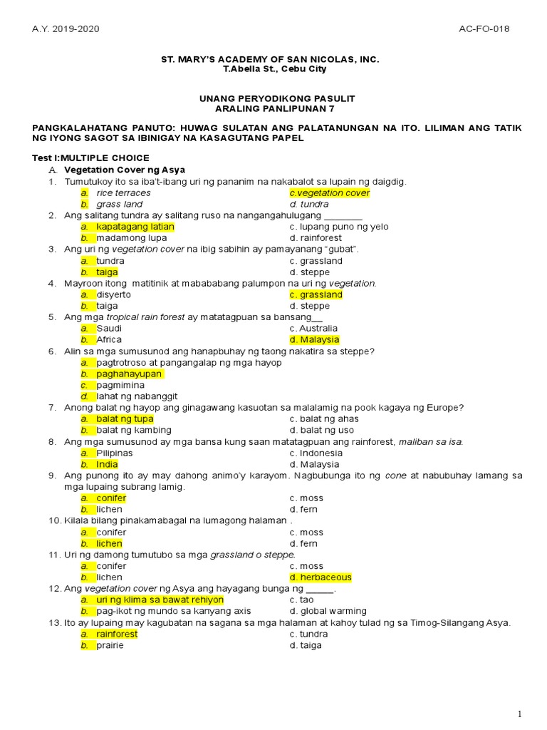 Periodical Examination Template 7 | PDF