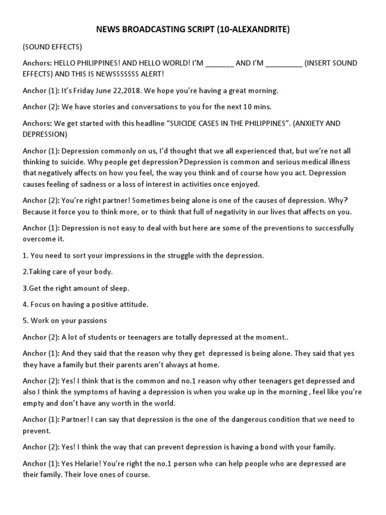News Script on Depression Awareness | PDF | Major Depressive Disorder ...