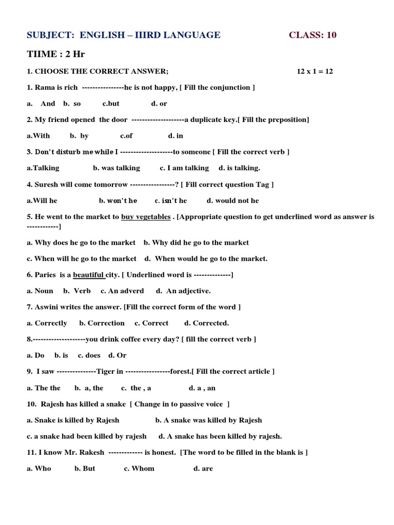10th English 3rd Lang Model Question Paper | PDF | English Language | Verb