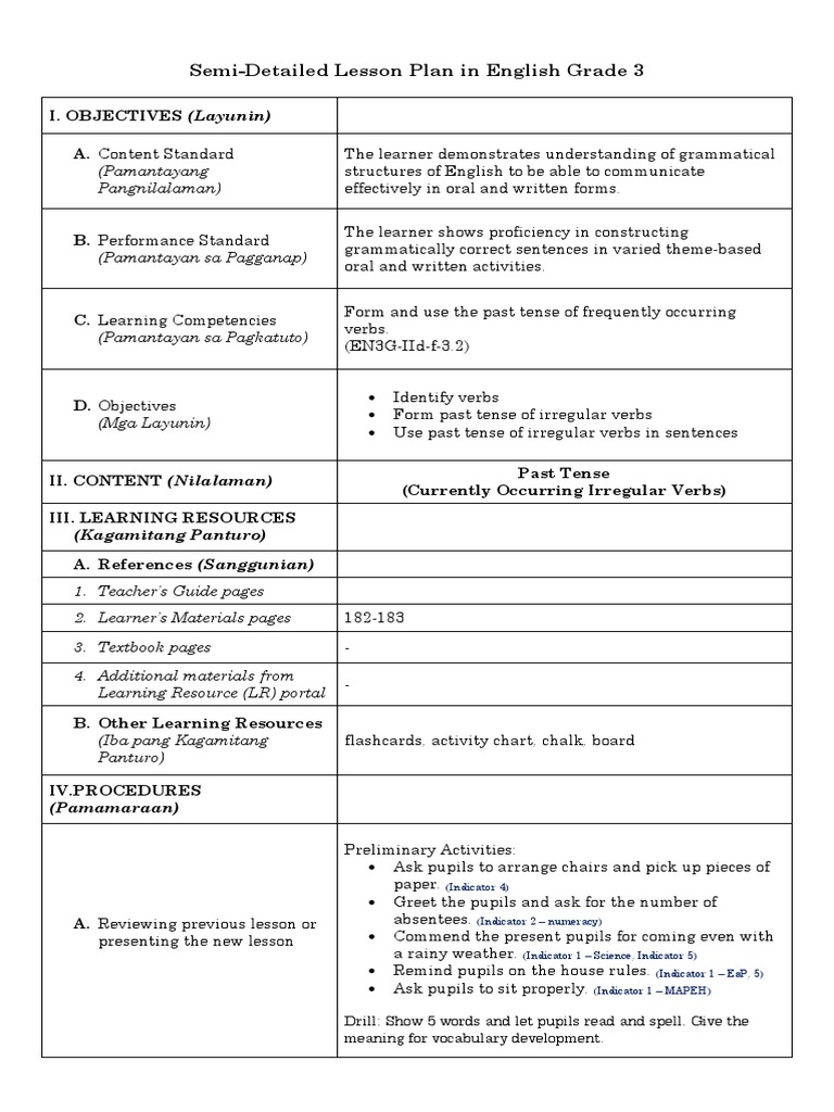 Daily Lesson Plan For Past Tense of Verbs | PDF | Grammatical Tense | Verb