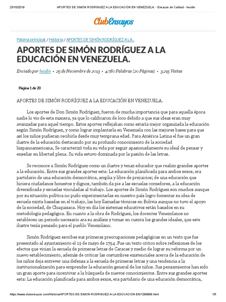 Aportes de Simón Rodríguez A La Educación en Venezuela. - Ensayos de ...