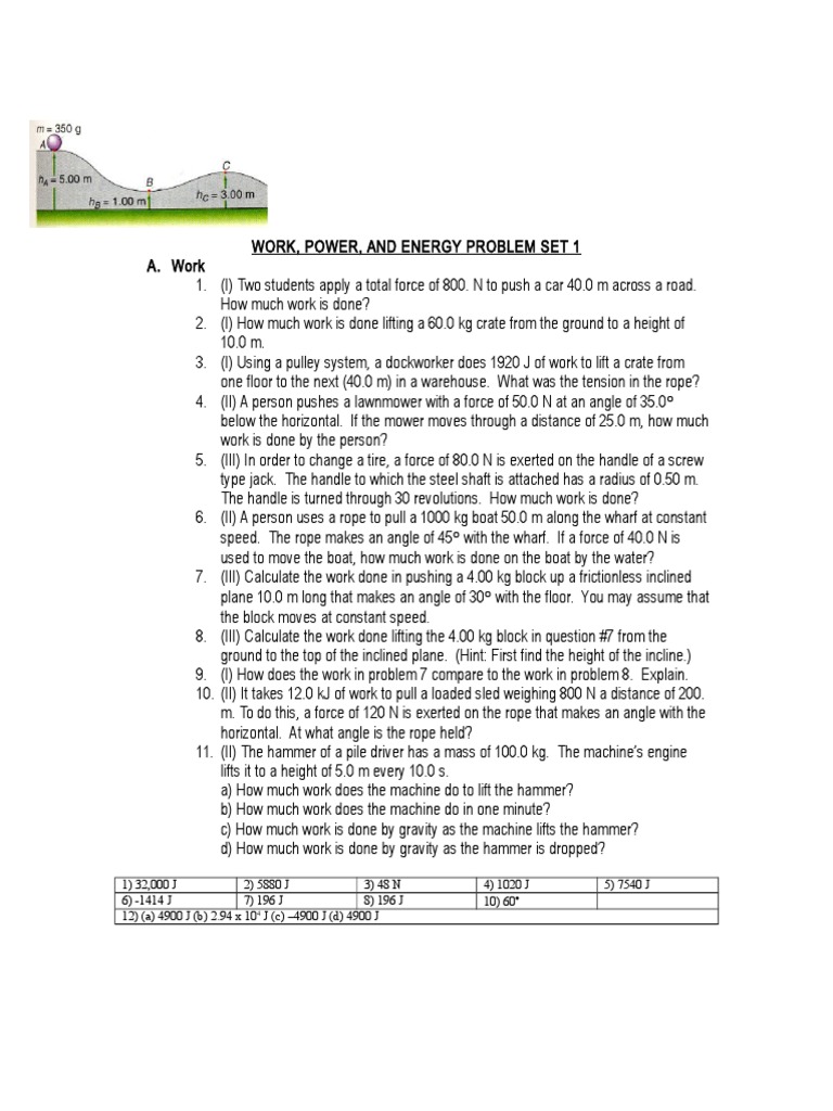 PROBLEM SET 1 Work, Power, and Energy | PDF | Potential Energy ...