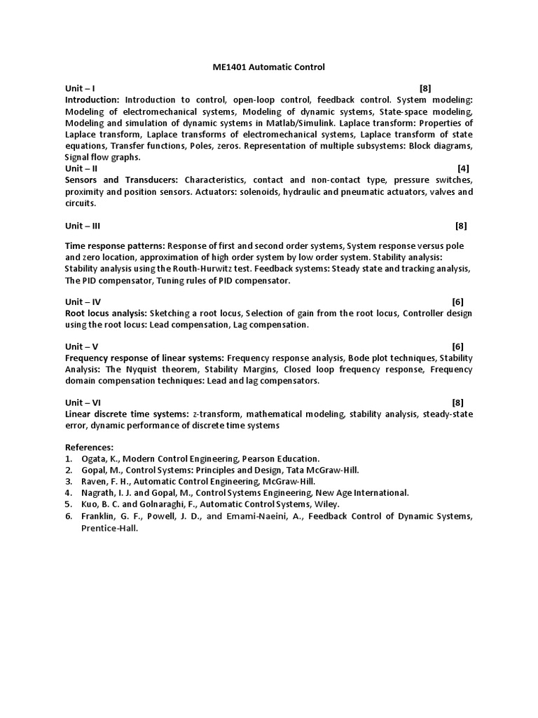 ME1401 Automatic Control Syllabus | PDF | Control Theory | Control ...