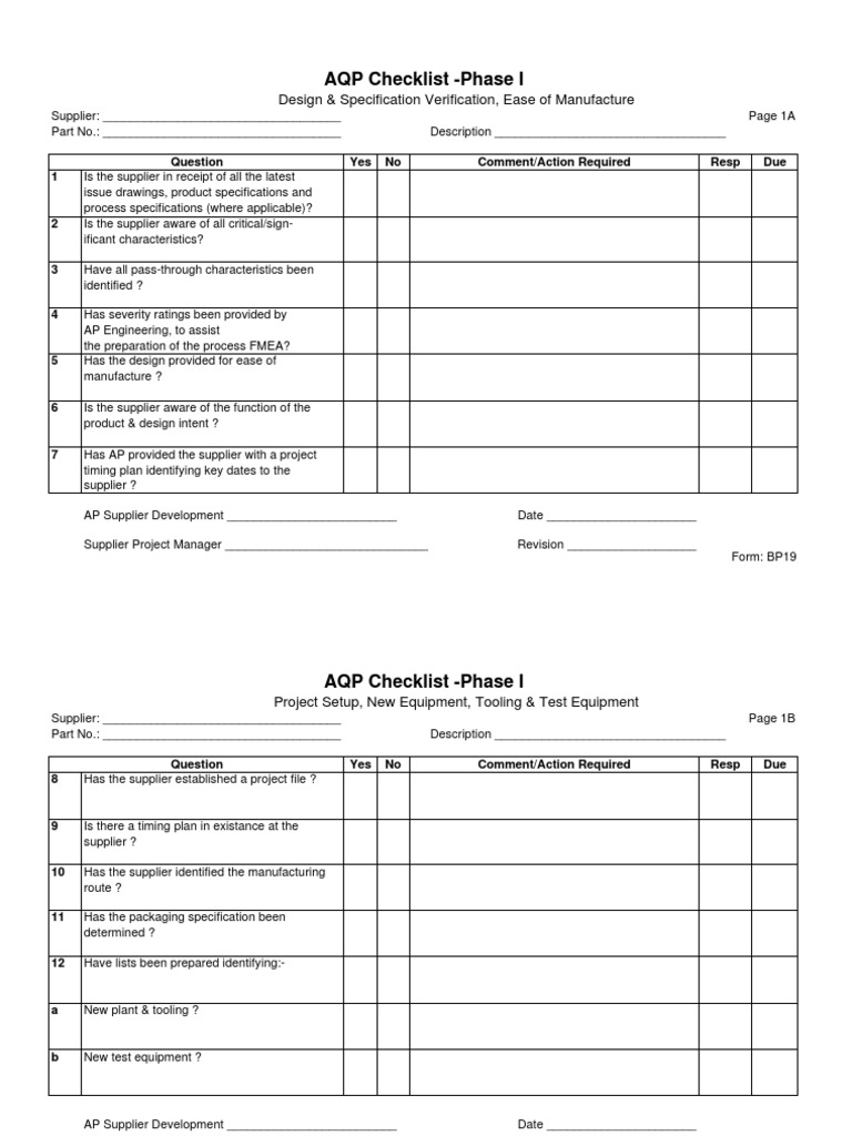 Apqp Checklist Pdf Quality Assurance Specification Technical Standard