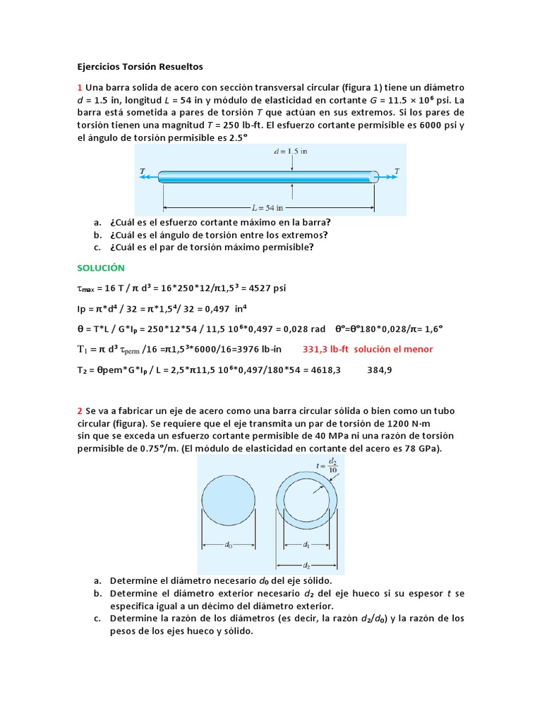 Ejercicios Resueltos de Torsión | PDF | Mecanica clasica | Unidades de ...