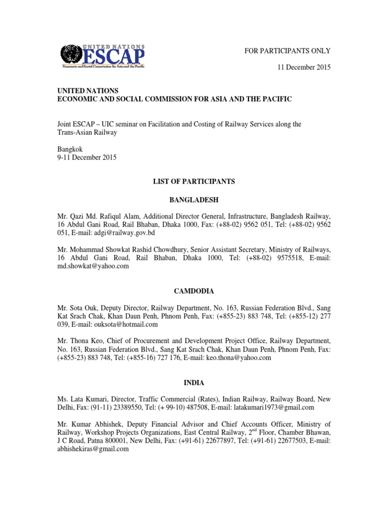 ESCAP-UIC List of Participants - December 2015 | PDF | Sustainable Transport | Transportation ...