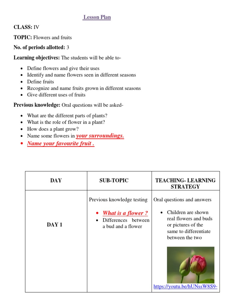 Flowers and Fruits Lesson Plan for IV | PDF | Flowers | Fruit