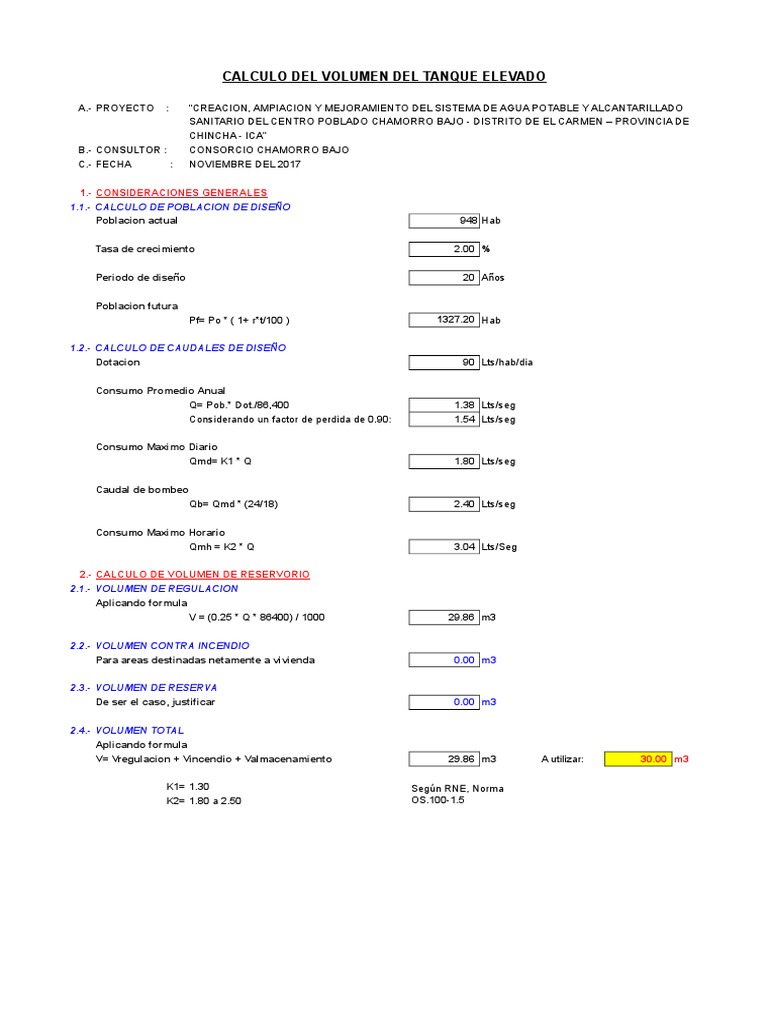 Calculo Del Tanque Elevado Chamorro Bajo | PDF