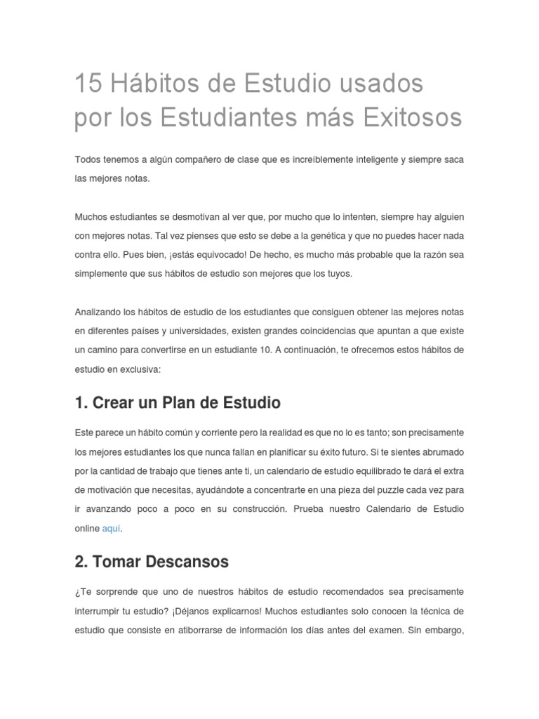 15 Hábitos de Estudio Usados Por Los Estudiantes Más Exitosos | PDF ...