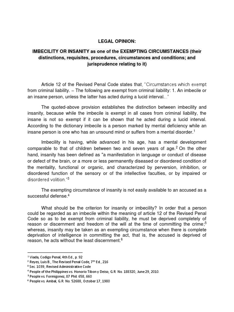 Imbecility or Insanity As One of The Exempting Circumstances | PDF ...